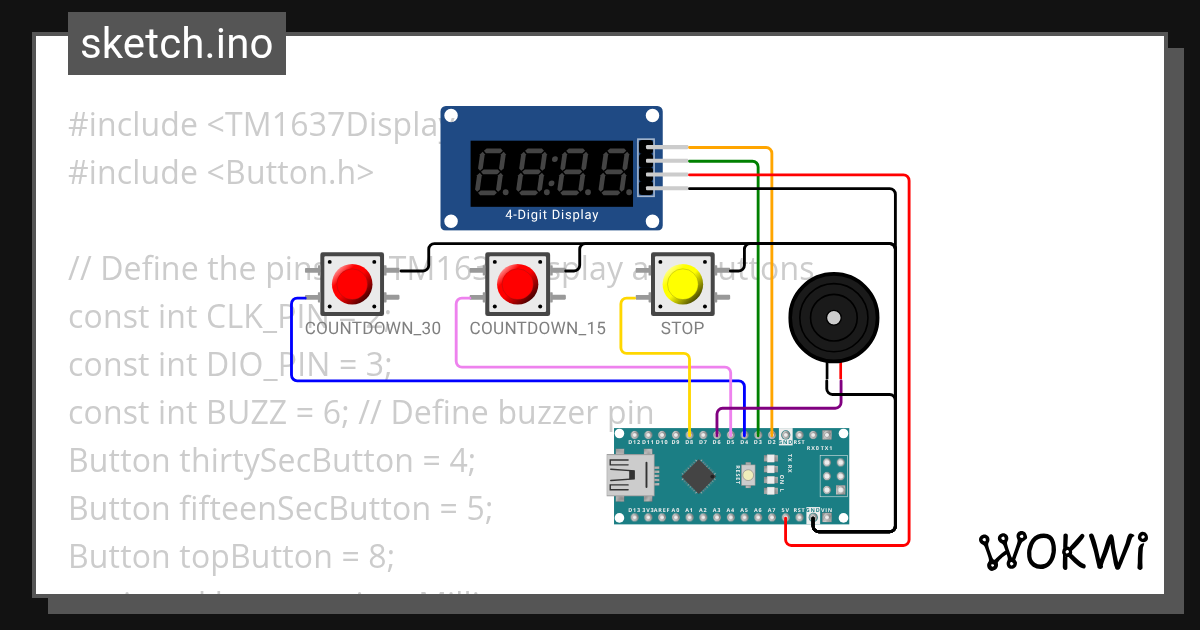 Buzzer game TM1637 FSM v3 - Wokwi ESP32, STM32, Arduino Simulator