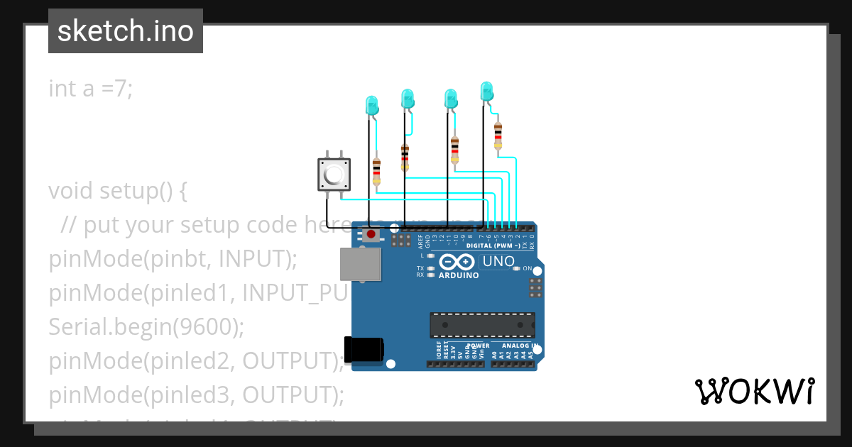 push button 1 ,4 lampu - Wokwi ESP32, STM32, Arduino Simulator
