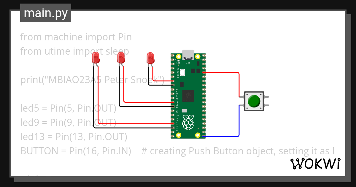 Button en 3 leds - Wokwi ESP32, STM32, Arduino Simulator