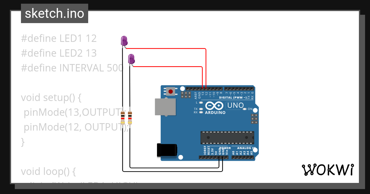 blikanie lediek 0,5s/2s - Wokwi ESP32, STM32, Arduino Simulator