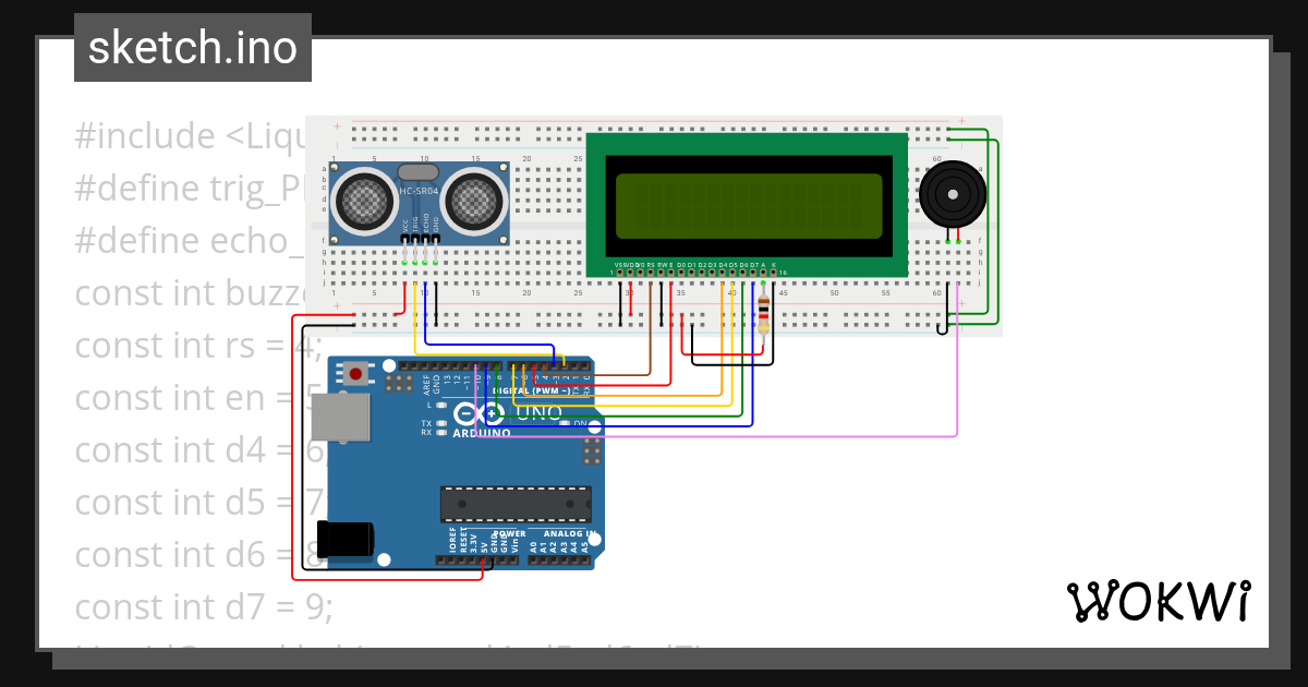 UltraSonic Sensor + LCD +Buzzer - Wokwi ESP32, STM32, Arduino Simulator