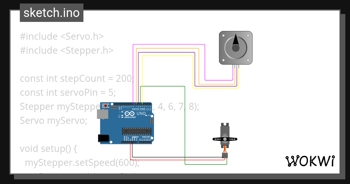 Step motor and servo motor though ultrasonic in arduino Copy - Wokwi ESP32, STM32, Arduino Simulator