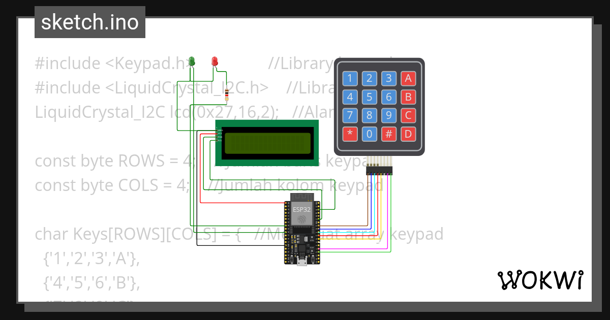 password ,lampu 2, keypad, lcd 16x2 - Wokwi ESP32, STM32, Arduino Simulator