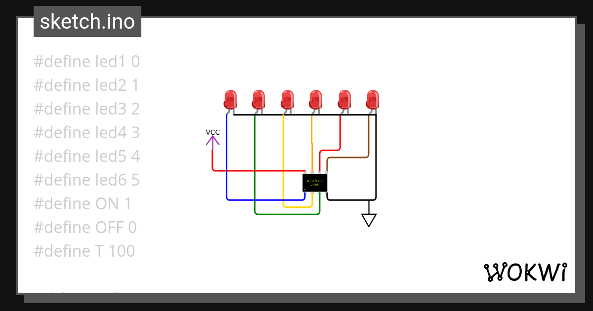ATtiny85 Led Chaser - Wokwi ESP32, STM32, Arduino Simulator