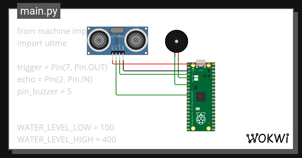 smart water monitoring system - ultrasonic sensor, buzzer - Wokwi ESP32, STM32, Arduino Simulator