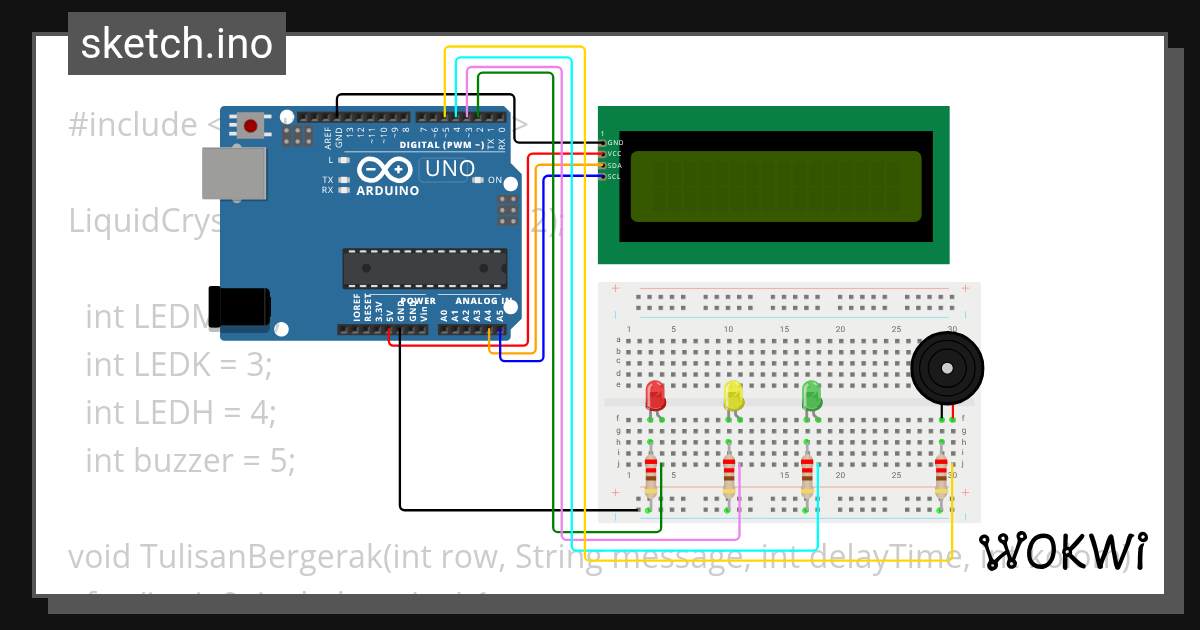 Project 3 LED, Running text in LCD i2c, and buzzer Copy (2) - Wokwi ESP32, STM32, Arduino Simulator