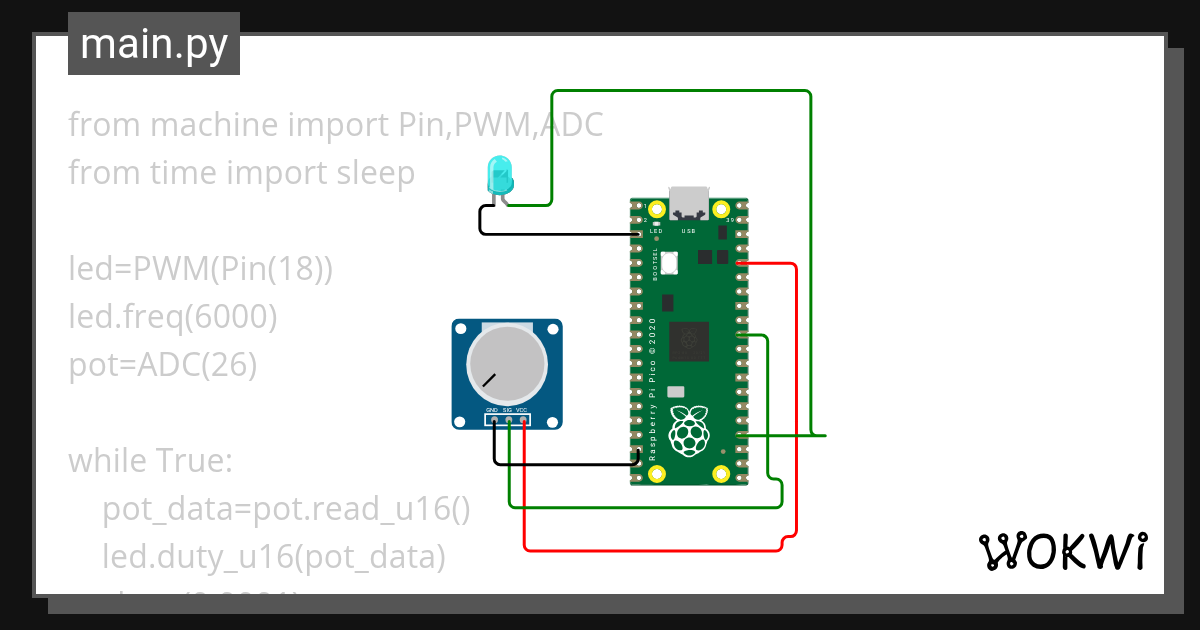 Led brightness control with potentiometer -pico - Wokwi ESP32, STM32 ... Led brightness control with potentiometer -pico - Wokwi ESP32, STM32 ...