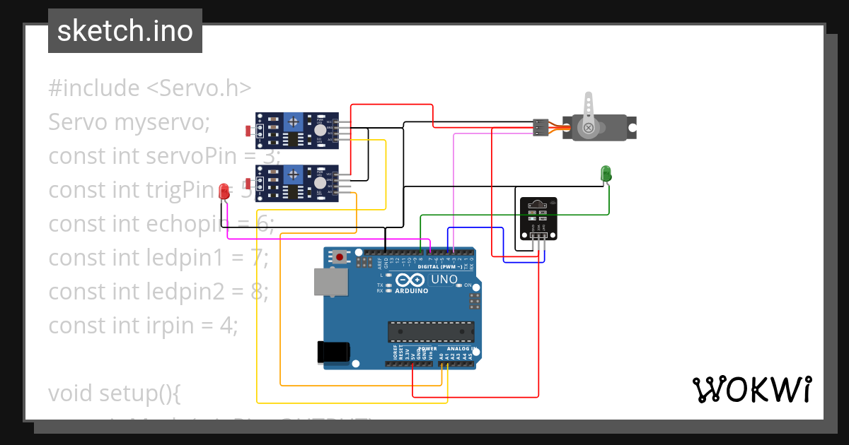 servo motor with ultrasonic sensor & IR sensor Copy - Wokwi ESP32, STM32, Arduino Simulator