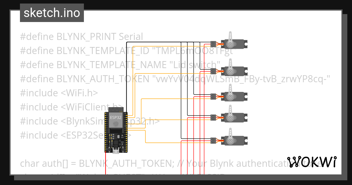 5 servo control remotely Exact 5 - Wokwi ESP32, STM32, Arduino Simulator