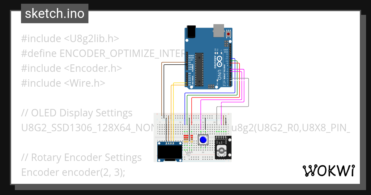 Arduino Uno I2C Display, Button, Rotary Encoder - Wokwi ESP32, STM32, Arduino Simulator
