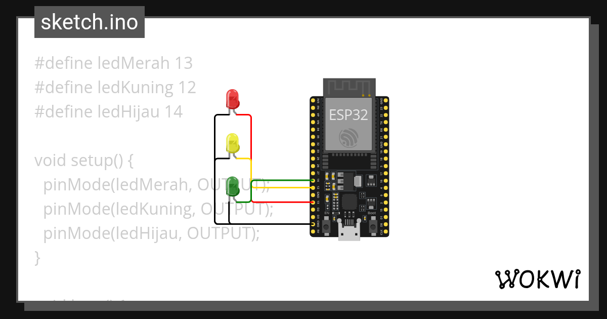 Simulasi 3 buah LED - Wokwi ESP32, STM32, Arduino Simulator