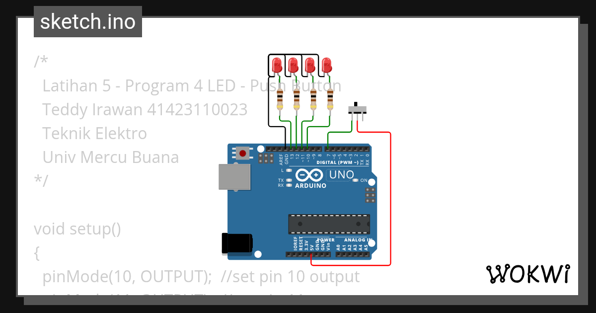 Latihan 5 P9_Push Button - 4 LED - Wokwi ESP32, STM32, Arduino Simulator
