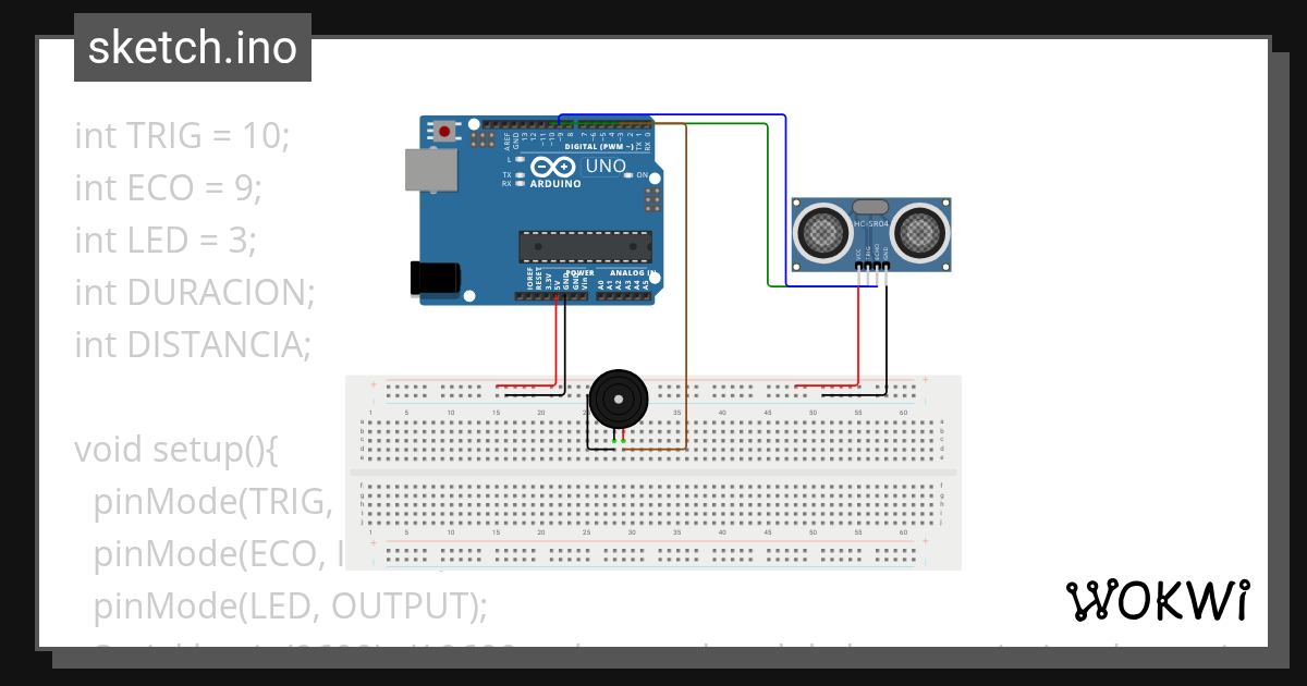 Sensor de distancia ultrasónico con zumbador - Wokwi ESP32, STM32, Arduino Simulator