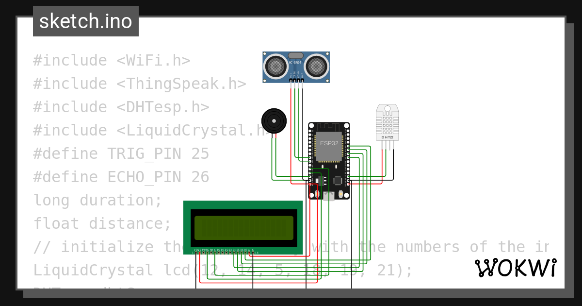 Dht With Buzzer With Ultrasonic Copy Using Esp Wokwi Esp32 Stm32 Arduino Simulator
