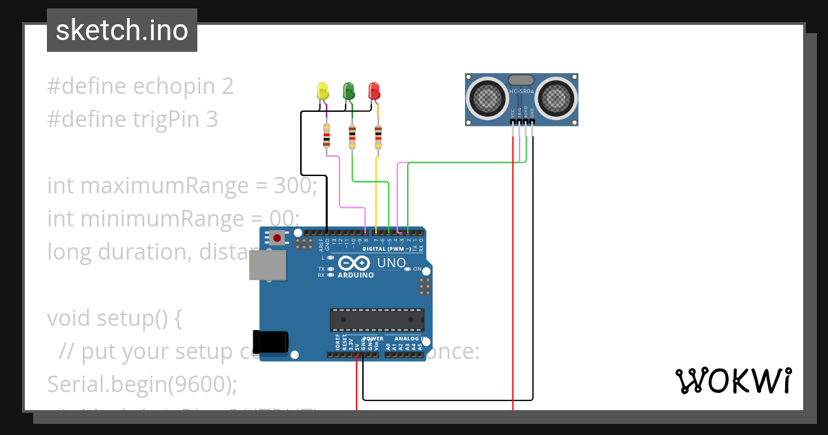 Simulasi Sensor Ultrasonik Hc Sr04 3 Led Cahyati Wokwi Esp32 2567