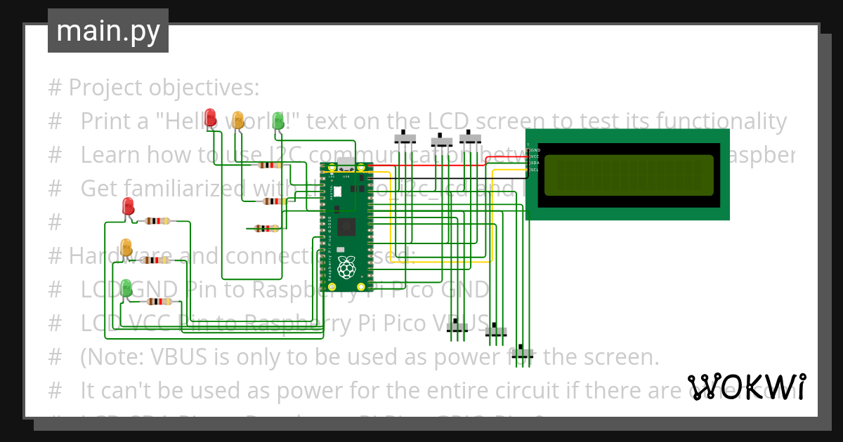 Raspberry Pi Pico LCD I2C Hello World Copy (2) - Wokwi ESP32, STM32, Arduino Simulator