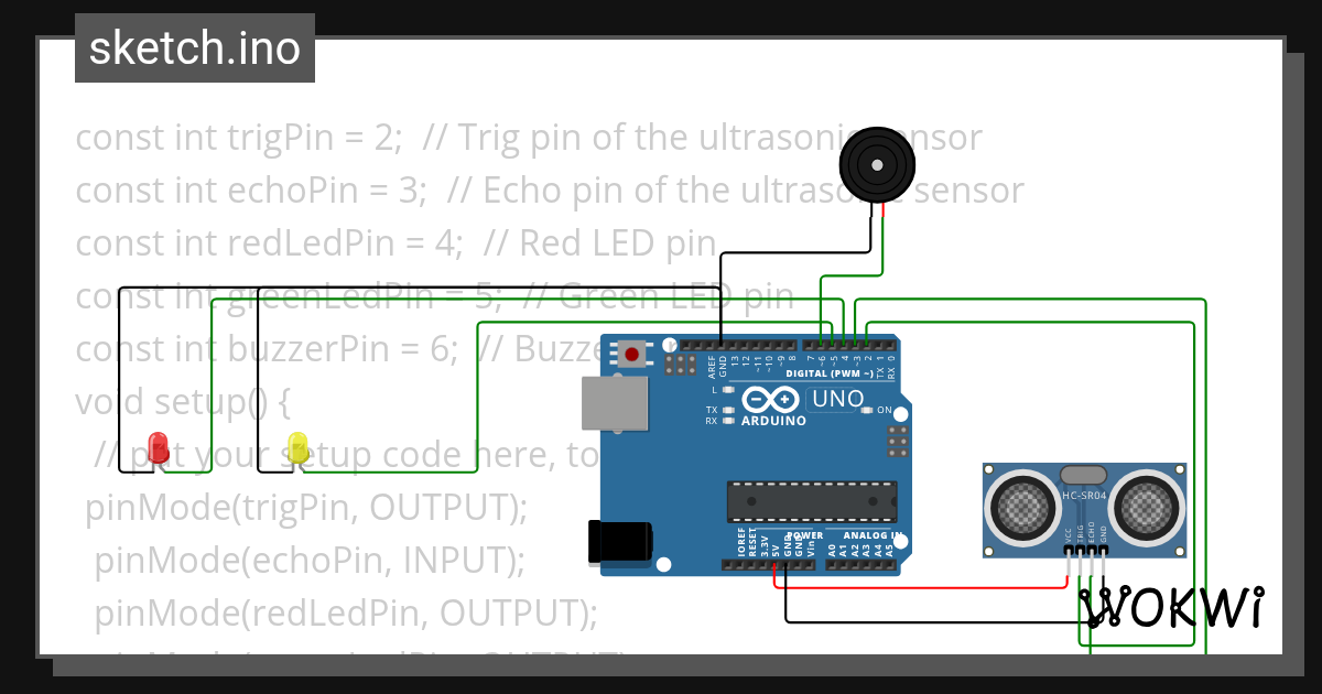 using ultrasonic sensor and 2 leds - Wokwi ESP32, STM32, Arduino Simulator