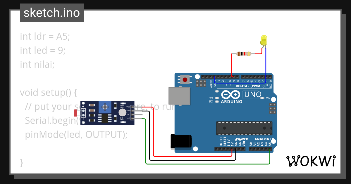 Lampu otomatis LDR, Arduino - Wokwi ESP32, STM32, Arduino Simulator