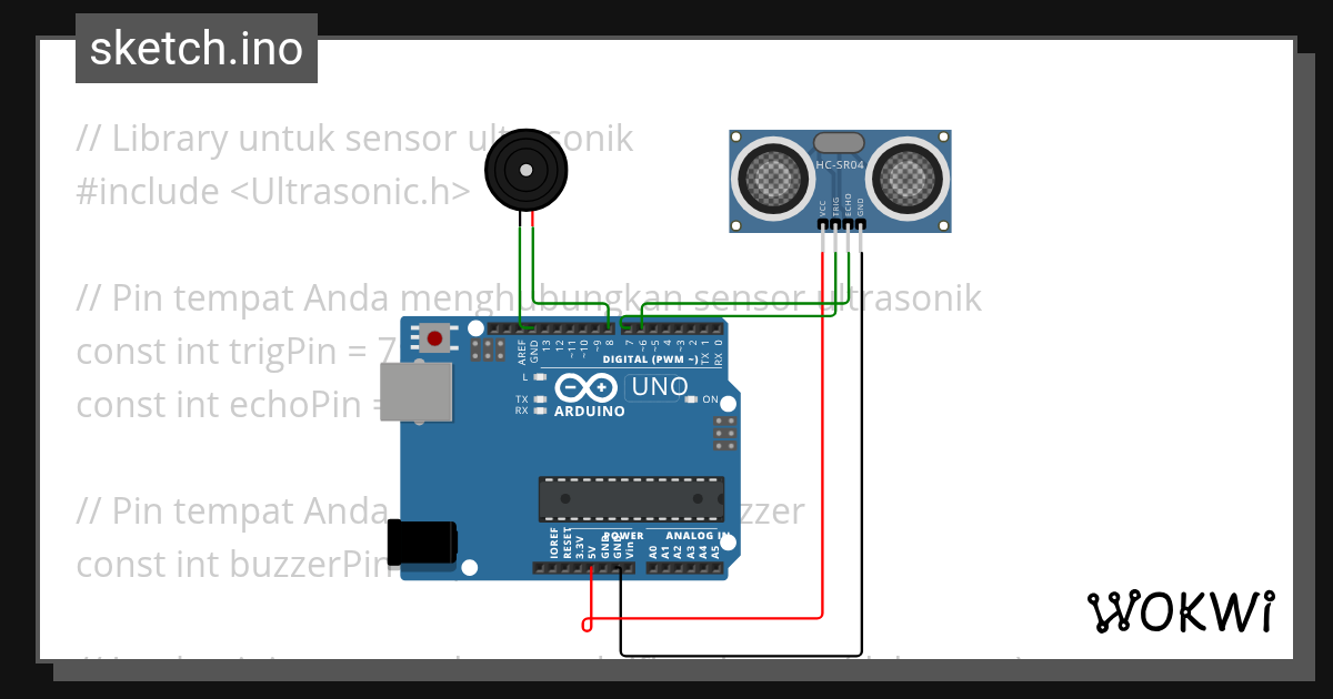 ultra sonik dan buzzer - Wokwi ESP32, STM32, Arduino Simulator