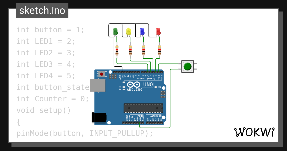 กดปุ่มสลับ Led 4 ดวง Wokwi Esp32 Stm32 Arduino Simulator