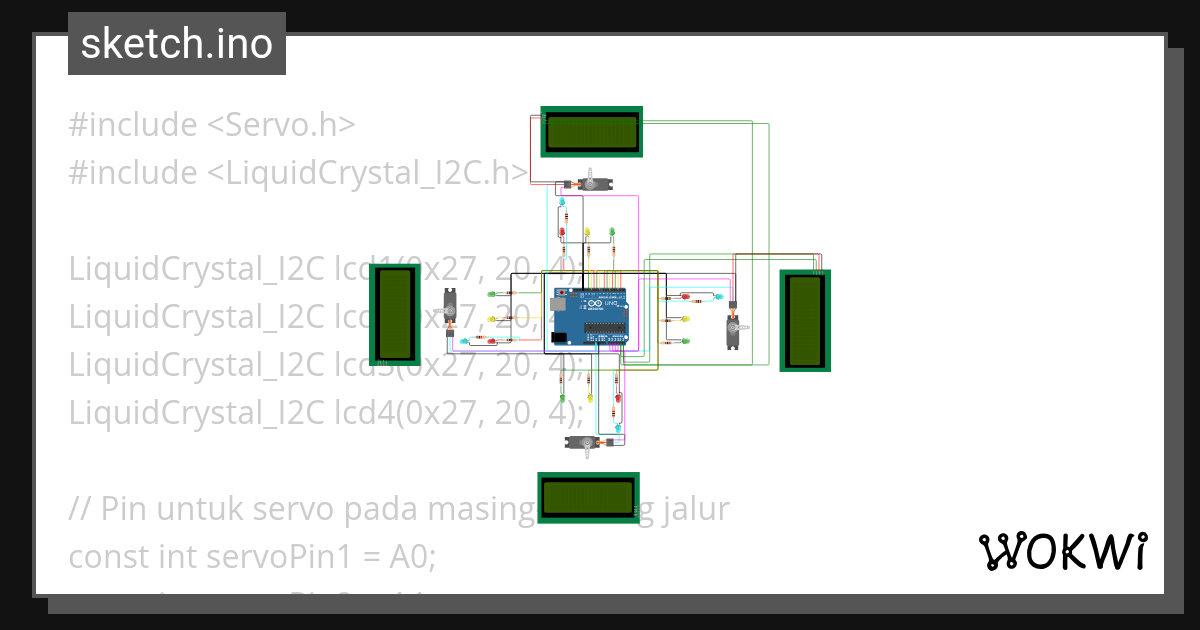 lampu lalu lintas x gate servo x lcd - Wokwi ESP32, STM32, Arduino Simulator