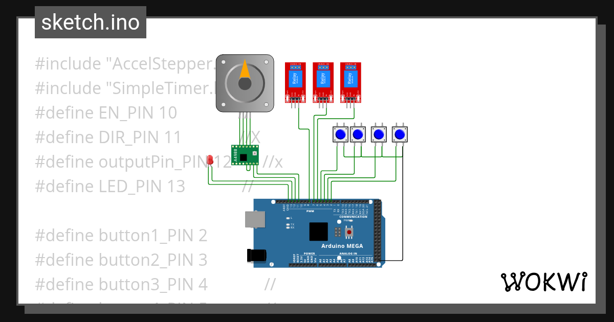 20231124 4个按钮控制步进电机和继电器 Wokwi Esp32 Stm32 Arduino Simulator 