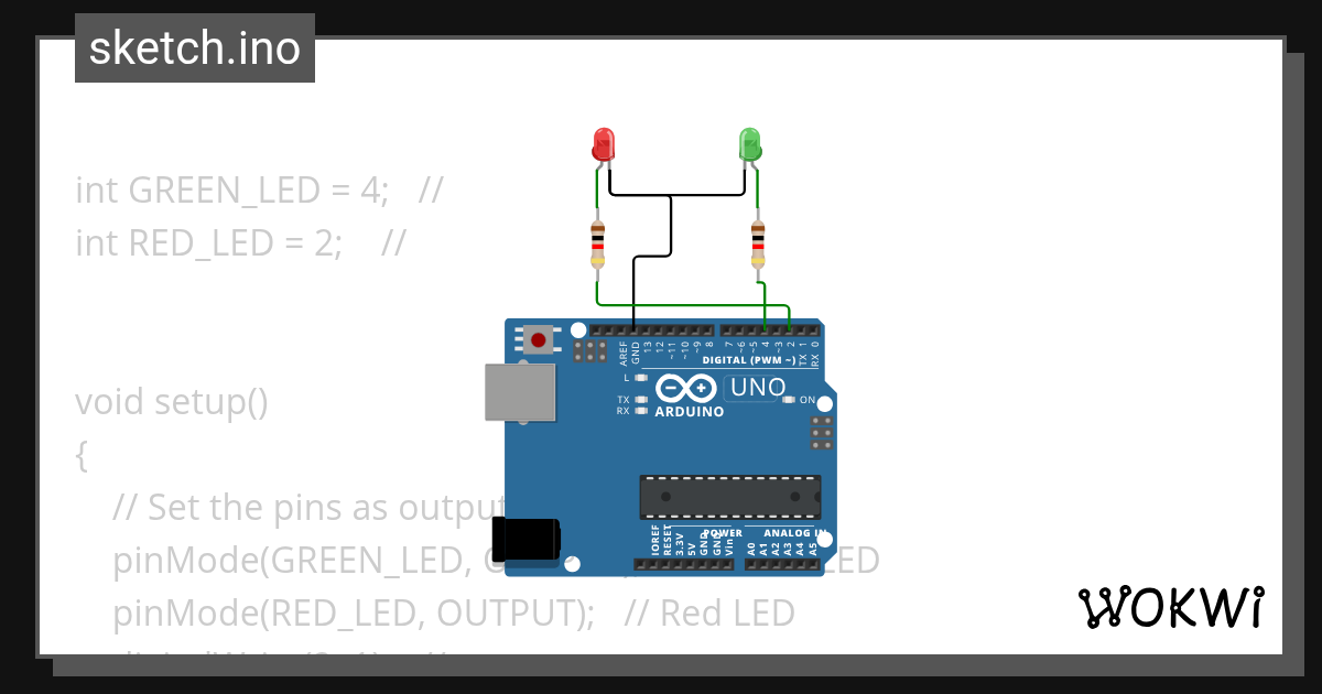 2 LED Red & Green - Wokwi ESP32, STM32, Arduino Simulator