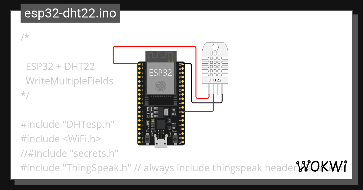 ESP32 DHT22 上傳ThingSpeak(homework6) - Wokwi ESP32, STM32, Arduino Simulator