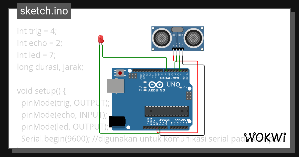 Penggunaan Sensor Ultrasonik dengan LED KIKI - Wokwi ESP32, STM32, Arduino Simulator