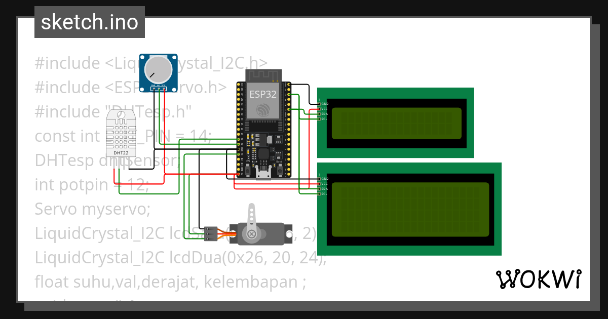 LCD with I2C - 2 LCD + servo + DHT - Wokwi ESP32, STM32, Arduino Simulator