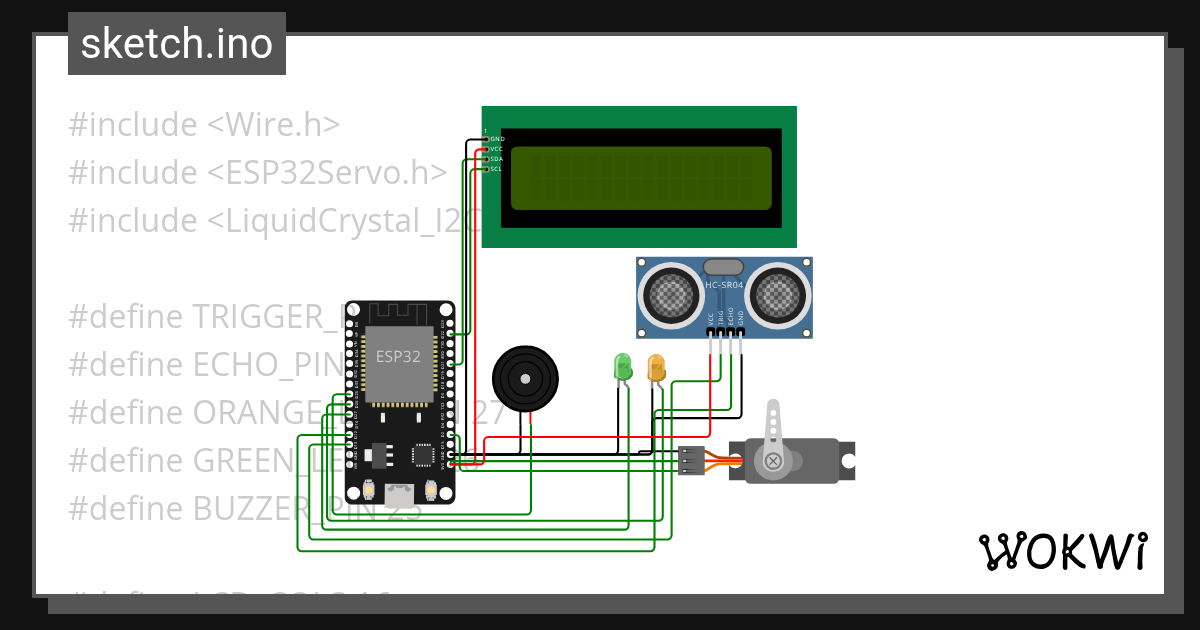 SONAR - LCD - SERVO - BUZZER - Wokwi ESP32, STM32, Arduino Simulator