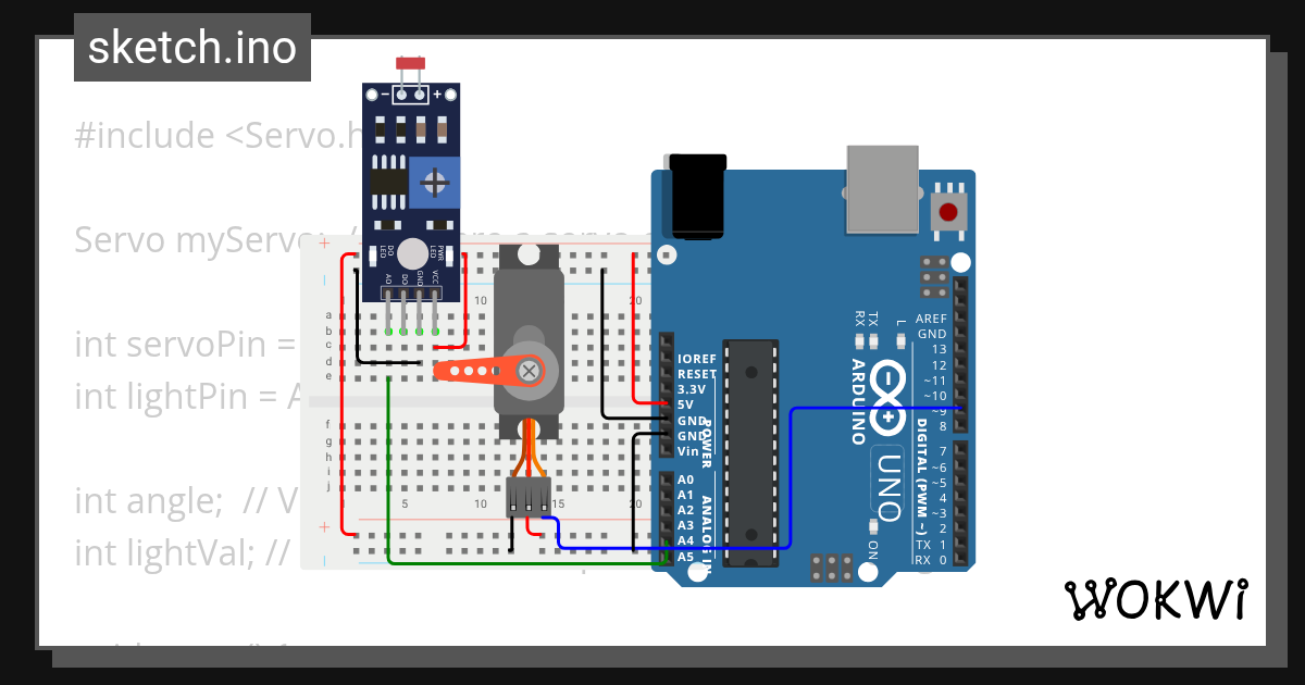 Light-Responsive Servo Motor Control with Photoresistor - Wokwi ESP32, STM32, Arduino Simulator