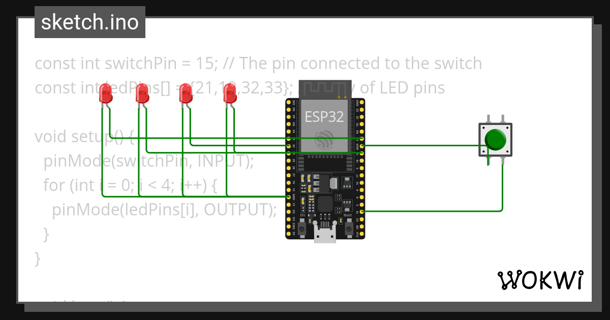 ไฟเรียง sw 1 ตัว LED 4 ตัว - Wokwi ESP32, STM32, Arduino Simulator