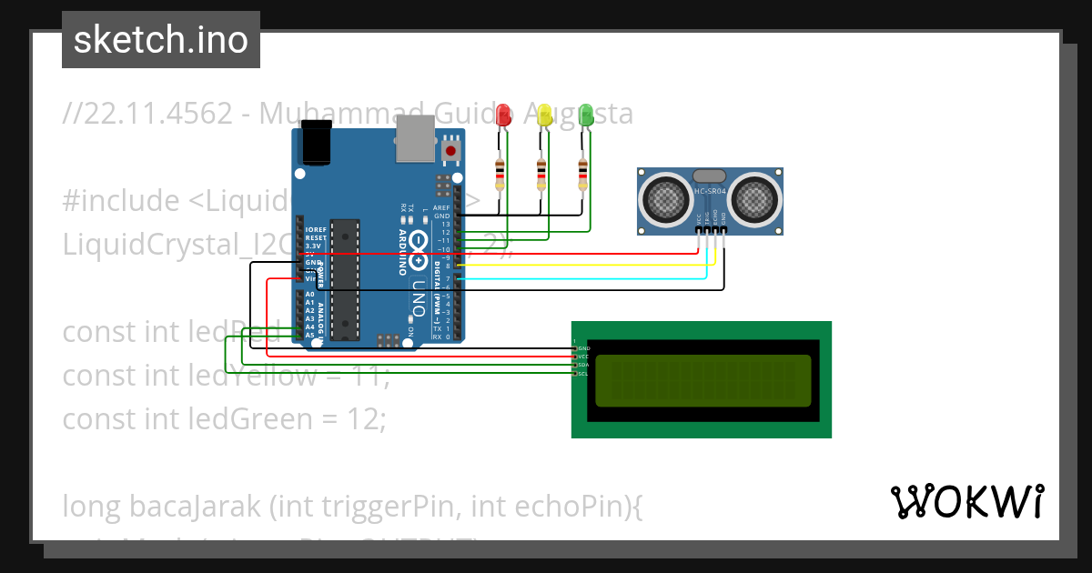 ultrasonic LCD LED - Wokwi ESP32, STM32, Arduino Simulator