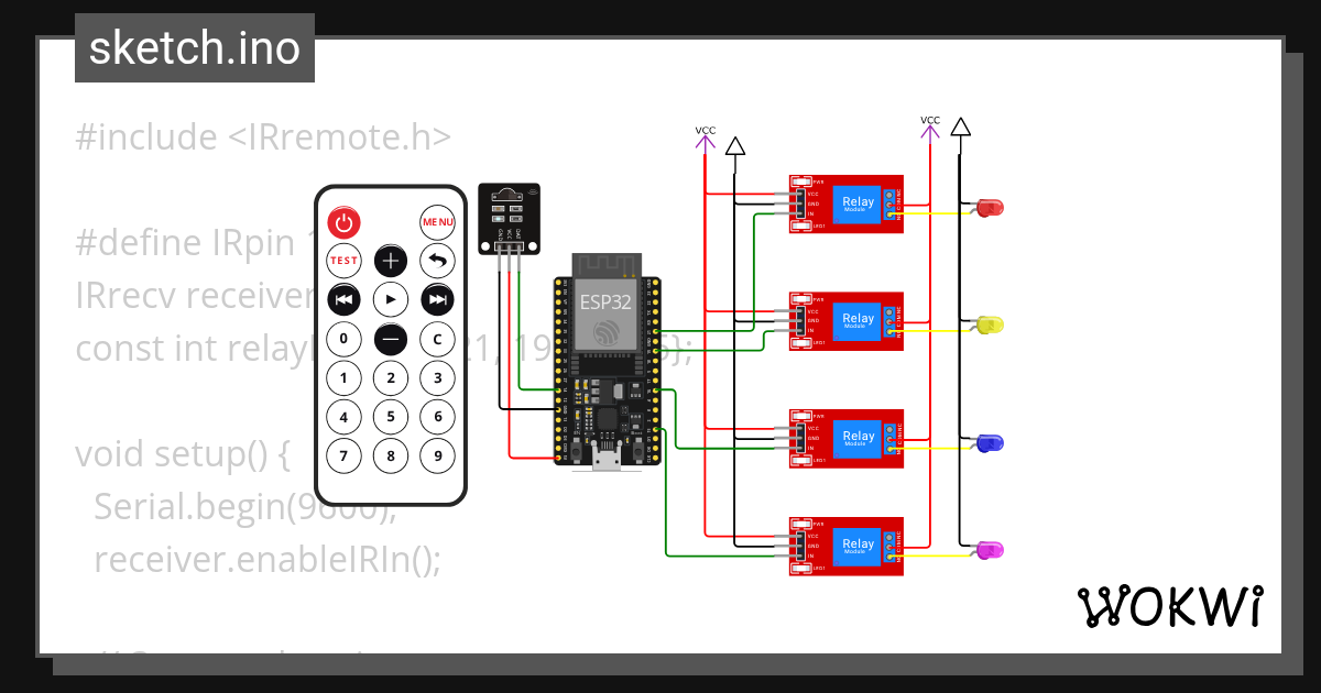 ESP 32 with IR Reciever and 4 Channel Relay Copy (3) - Wokwi ESP32, STM32, Arduino Simulator