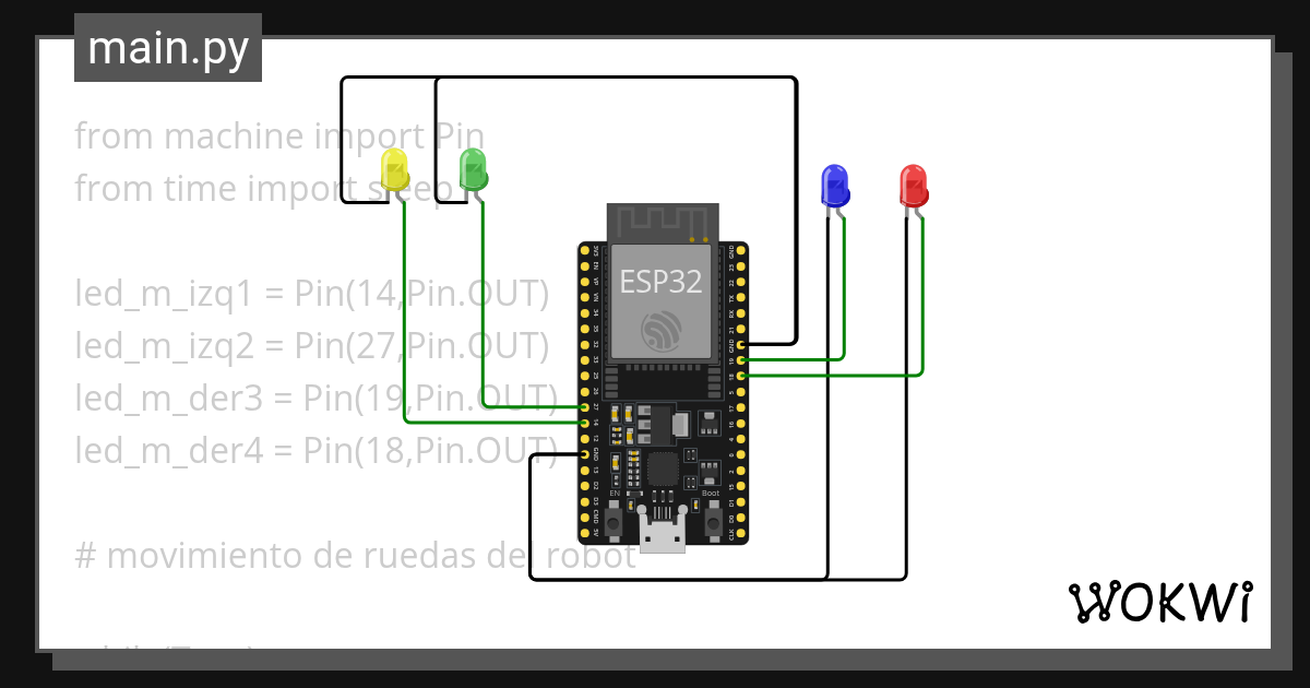 Giro de ruedas con led para robot - Wokwi ESP32, STM32, Arduino Simulator