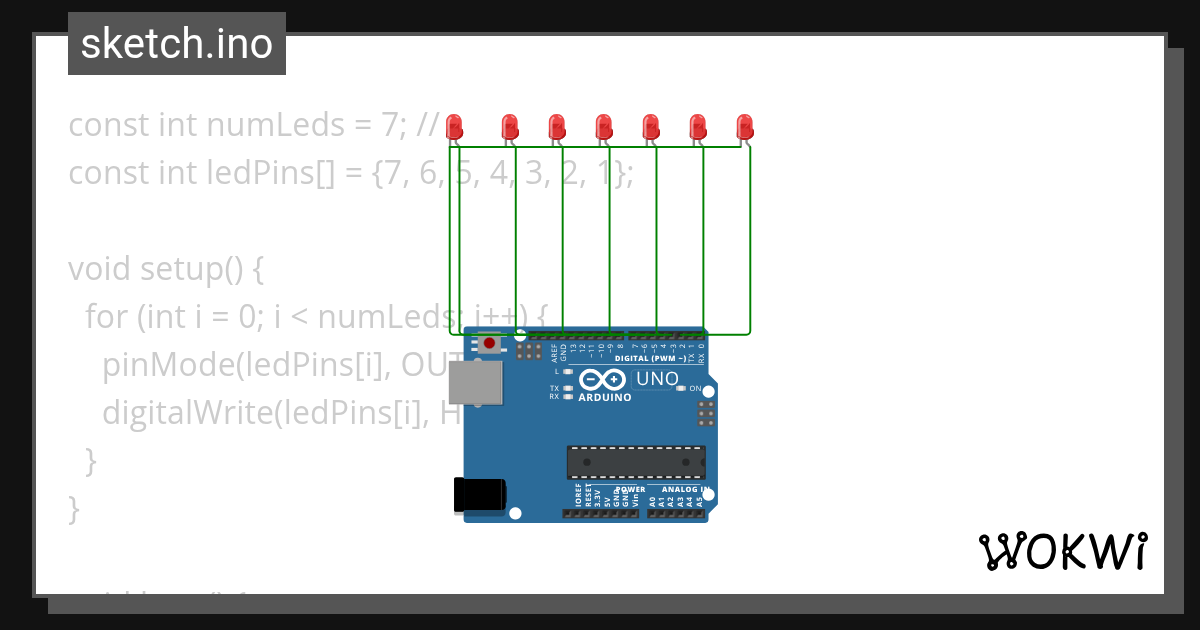4 ไฟติดทุกหลอดแล้วดับทีละหลอดจนครบ 7 หลอด Wokwi Esp32 Stm32 Arduino Simulator 0963