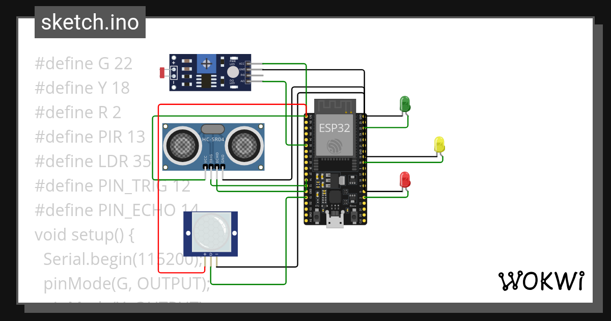 PIR, LDR and Ultrasonic sensors - Wokwi ESP32, STM32, Arduino Simulator