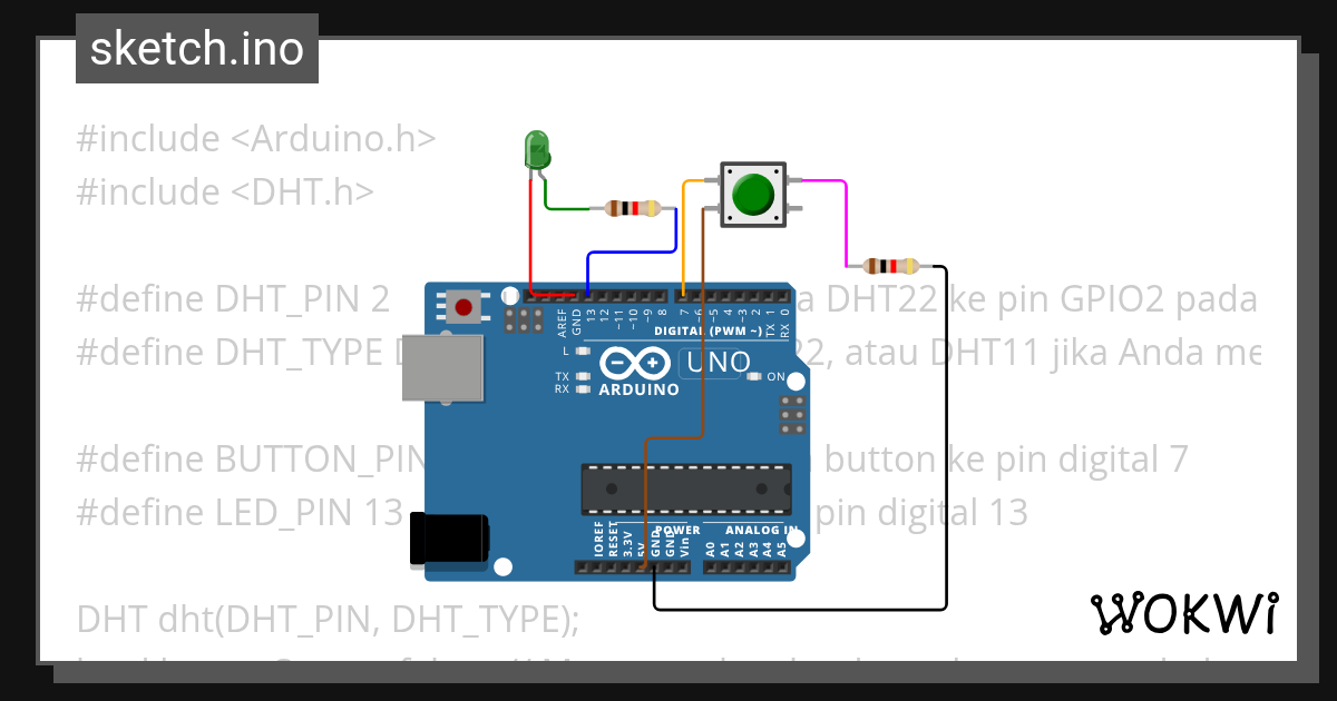 Pertemuan 12 Nomor 1_sensor arduino pust button dan HDT22 - Wokwi ESP32, STM32, Arduino Simulator