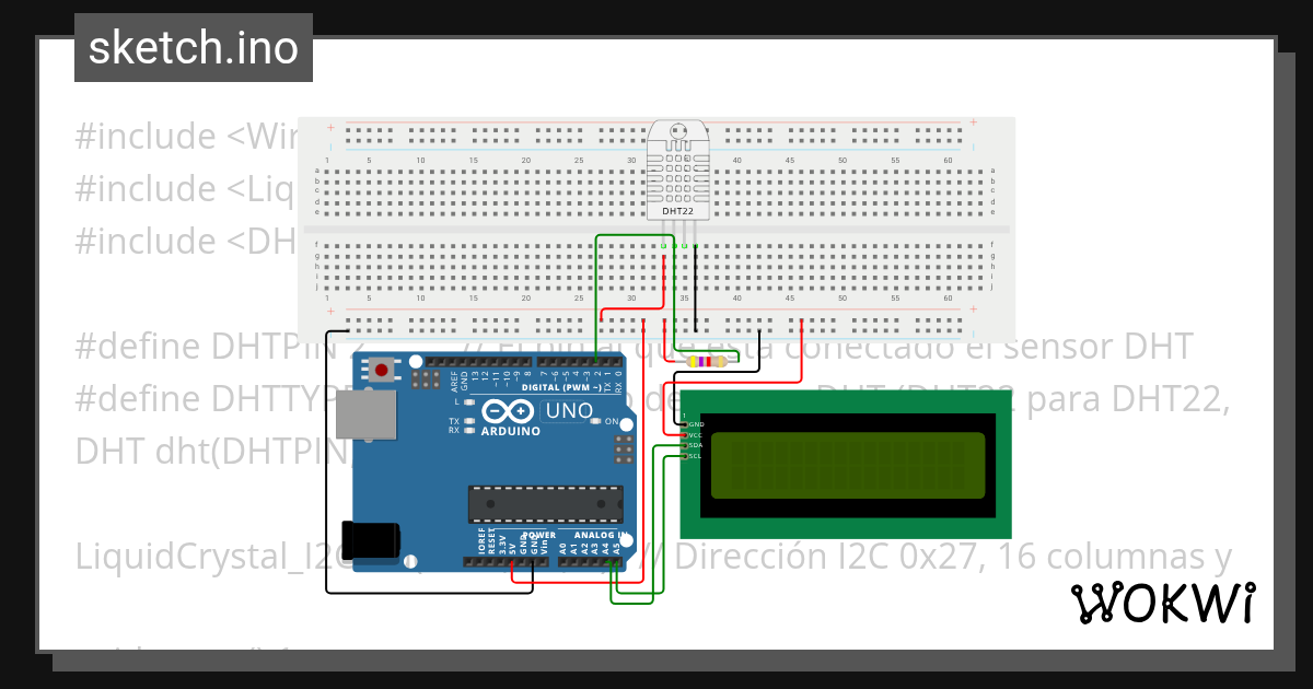 ARDU 1 DHT22 Y 1602 CON I2C - Wokwi ESP32, STM32, Arduino Simulator