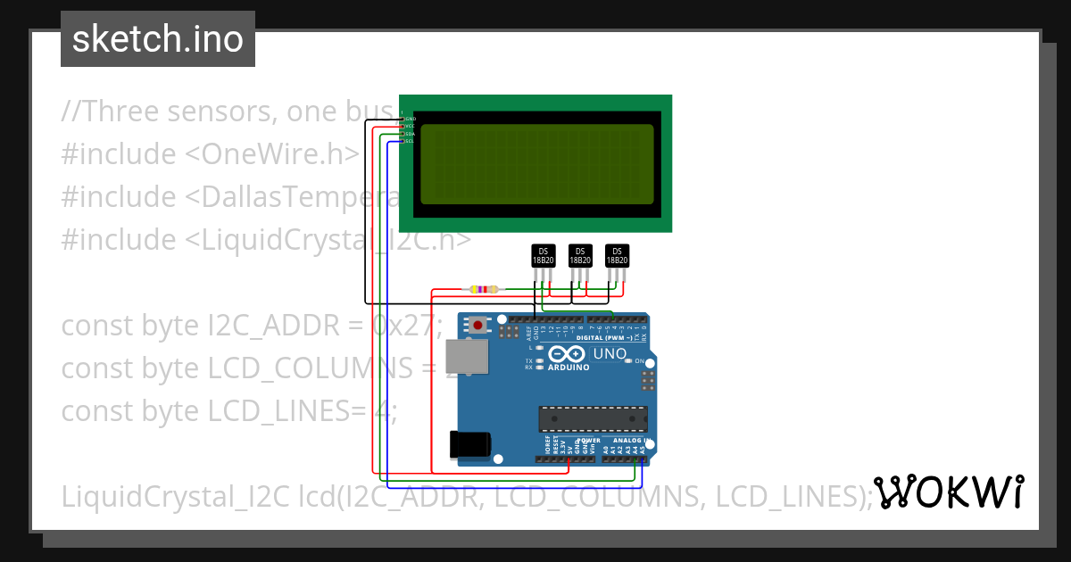 Three DS18B20 devices on the same OneWire bus Copy (2) - Wokwi ESP32, STM32, Arduino Simulator