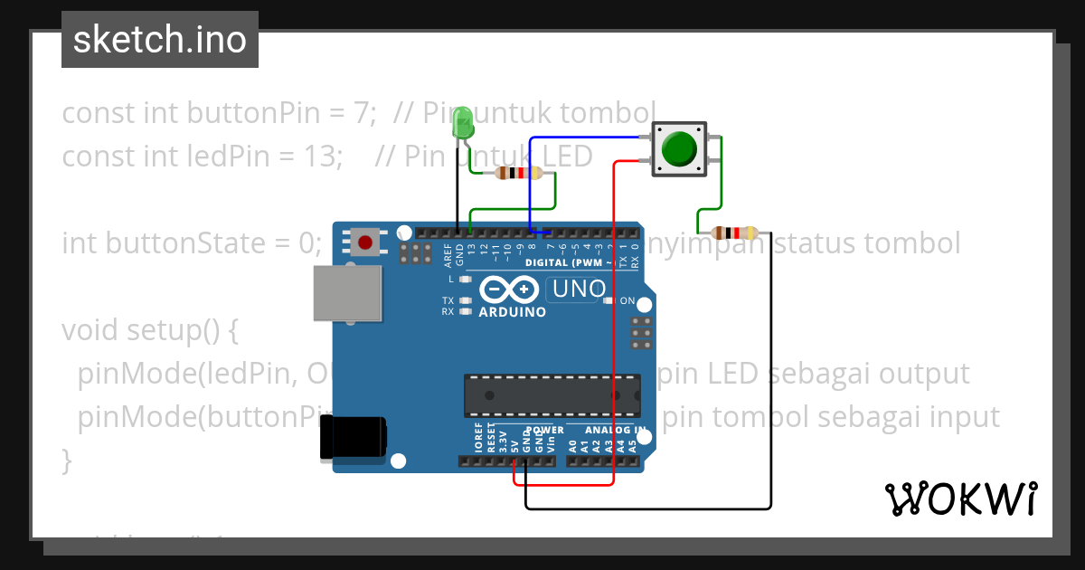 Pushbutton + 1 LED - Wokwi ESP32, STM32, Arduino Simulator