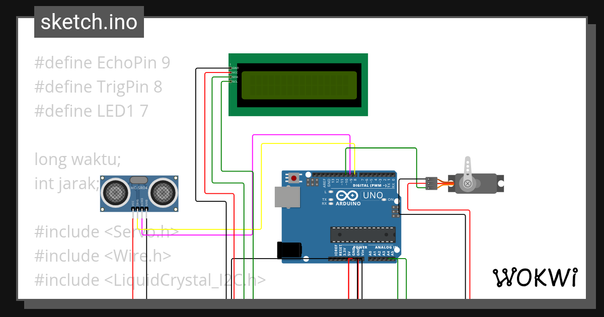 Sensor ultrasonik, LCD, led sohib Al munawar Copy (2) - Wokwi ESP32, STM32, Arduino Simulator