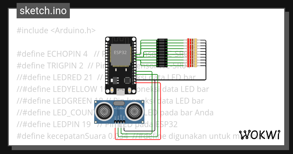 ESP32 sensor ultrasonik dan LED Bar Copy - Wokwi ESP32, STM32, Arduino Simulator