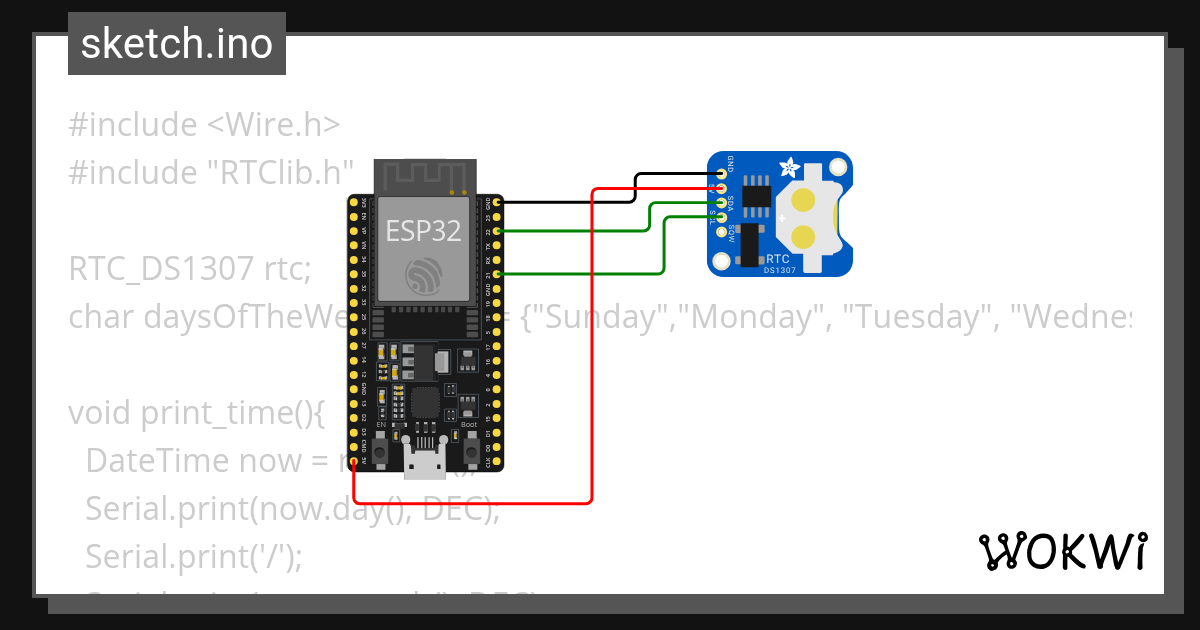 DS1307 RTClib Helper - Wokwi ESP32, STM32, Arduino Simulator