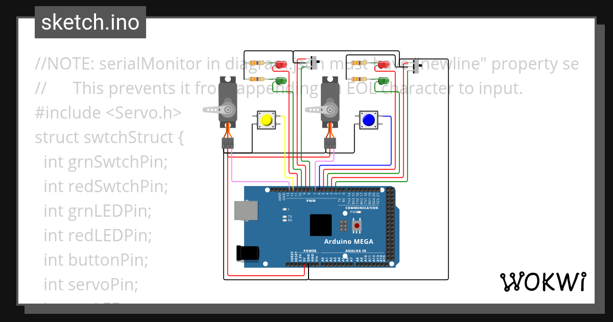 Multiple servos with LEDs, switches & button toggle - Wokwi ESP32, STM32, Arduino Simulator