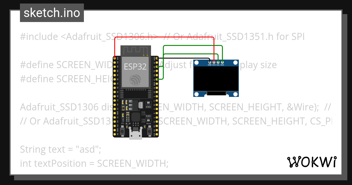 OLED moving letters on ESP32 - Wokwi ESP32, STM32, Arduino Simulator