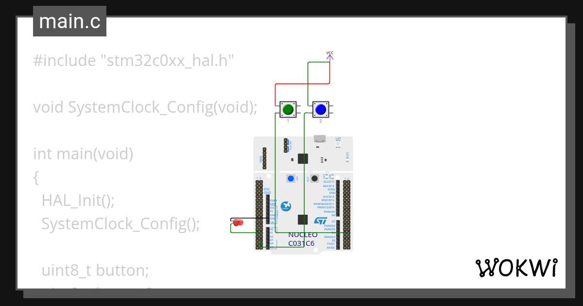 С) 2 button 1 led Copy 2 - Wokwi ESP32, STM32, Arduino Simulator