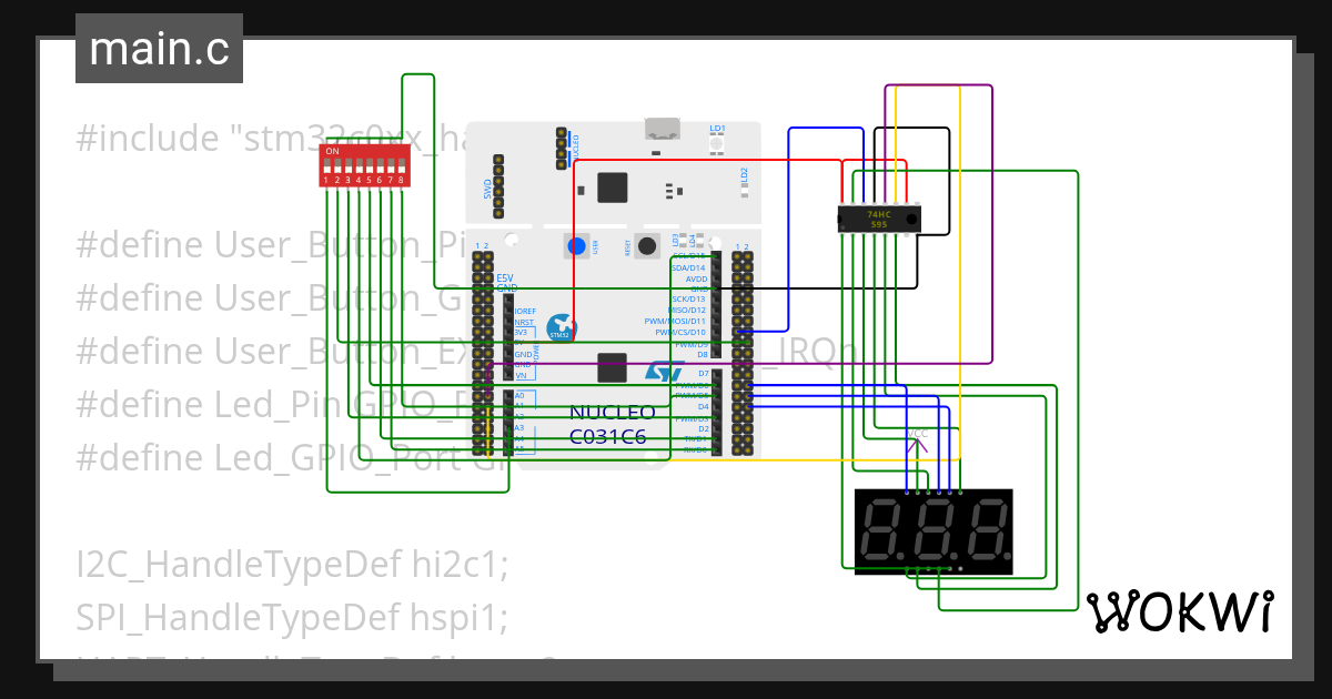 ST Nucleo - SPI 7-seg + dip-switch output - Wokwi ESP32, STM32, Arduino Simulator