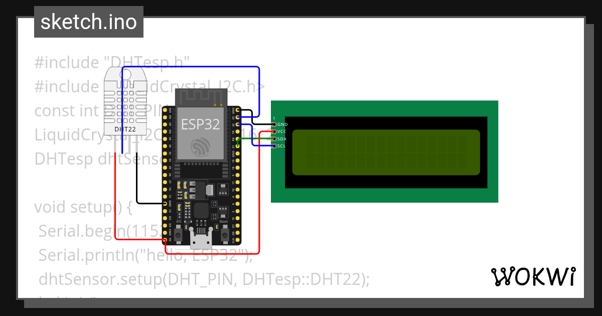 ESP32+DHT22+LCD 16X2 I2C - Wokwi ESP32, STM32, Arduino Simulator